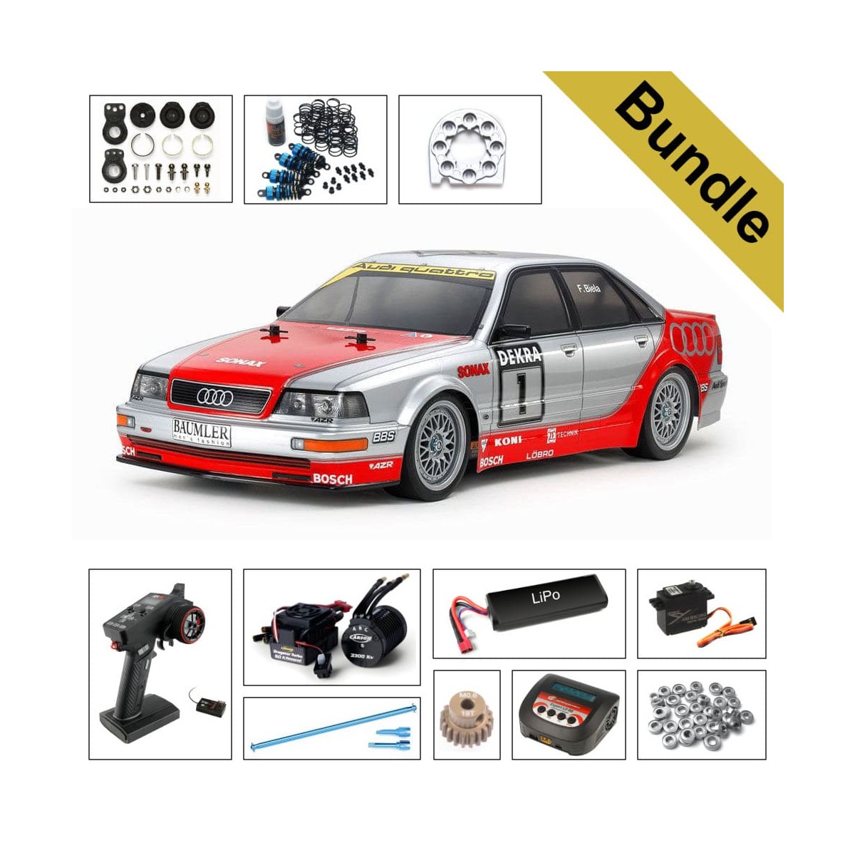 Tamiya 58699 Audi V8 1992 Tourenwagen (TT-02) BUNDLE "Gold"